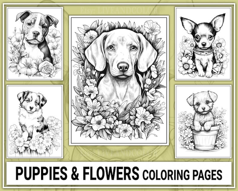 40 Cute Puppies & Flowers Coloring Book Vol.3 Coloring Pages for Kids ...