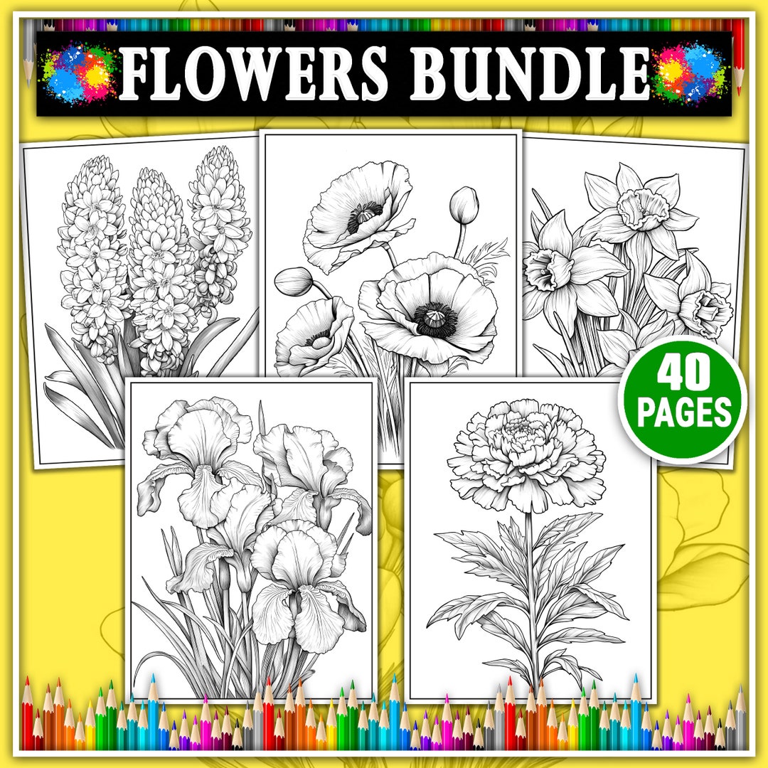 40 Flower Coloring Pages. Printable Floral Coloring Book. Grayscale ...