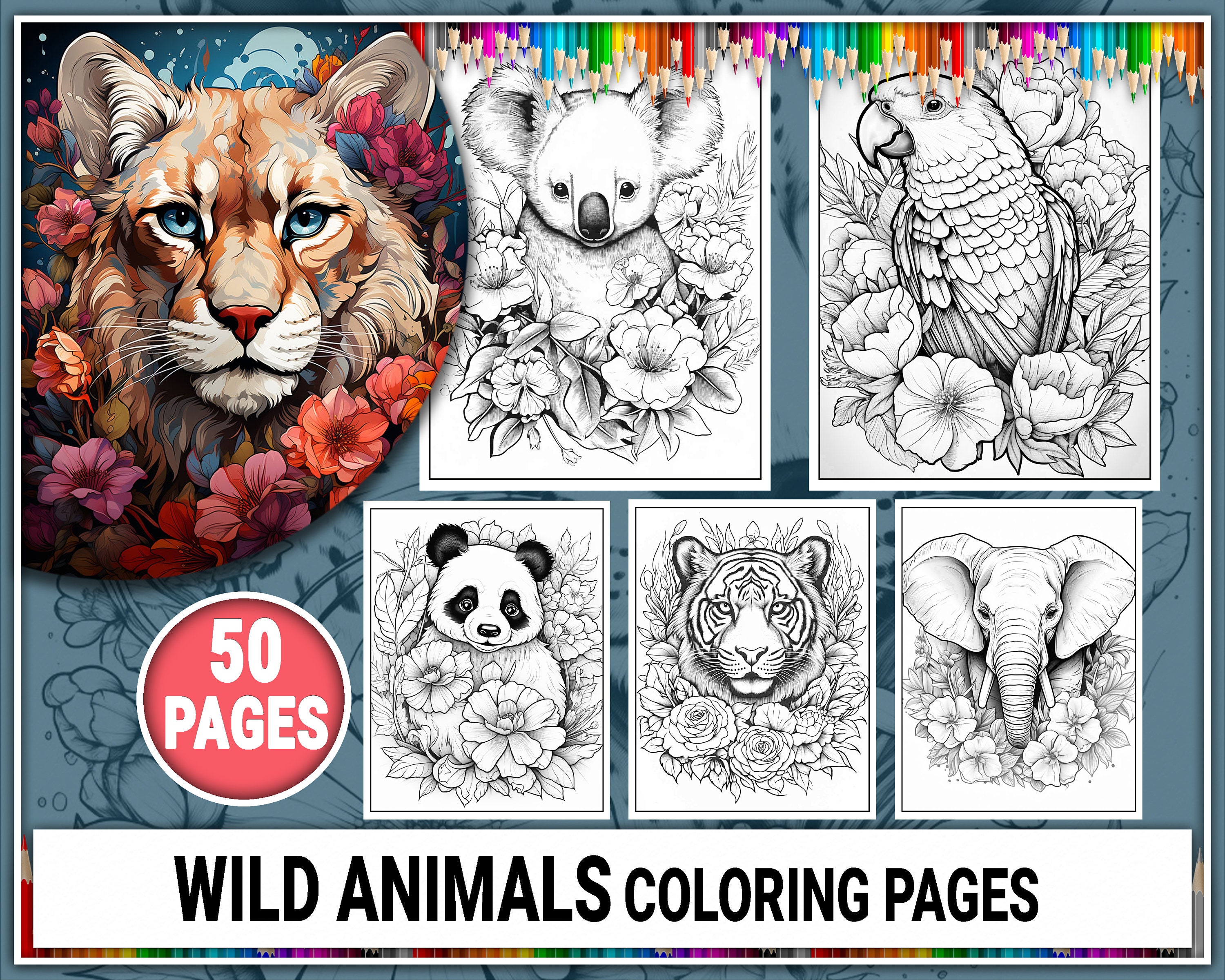 50 Wild Animals & Flowers Coloring Pages. Wild Animals Coloring Book ...