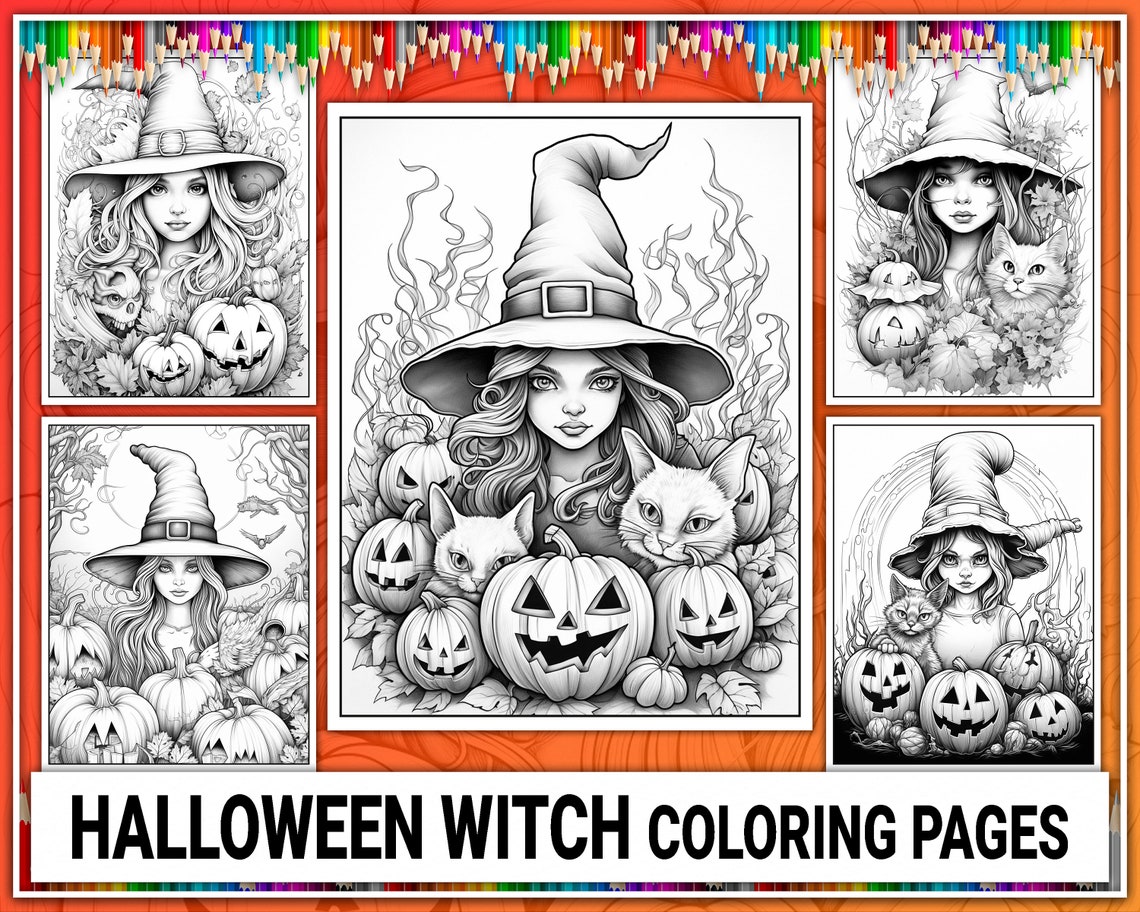 40 Halloween Witch Coloring Pages. Magical Gothic Witches & Cats ...