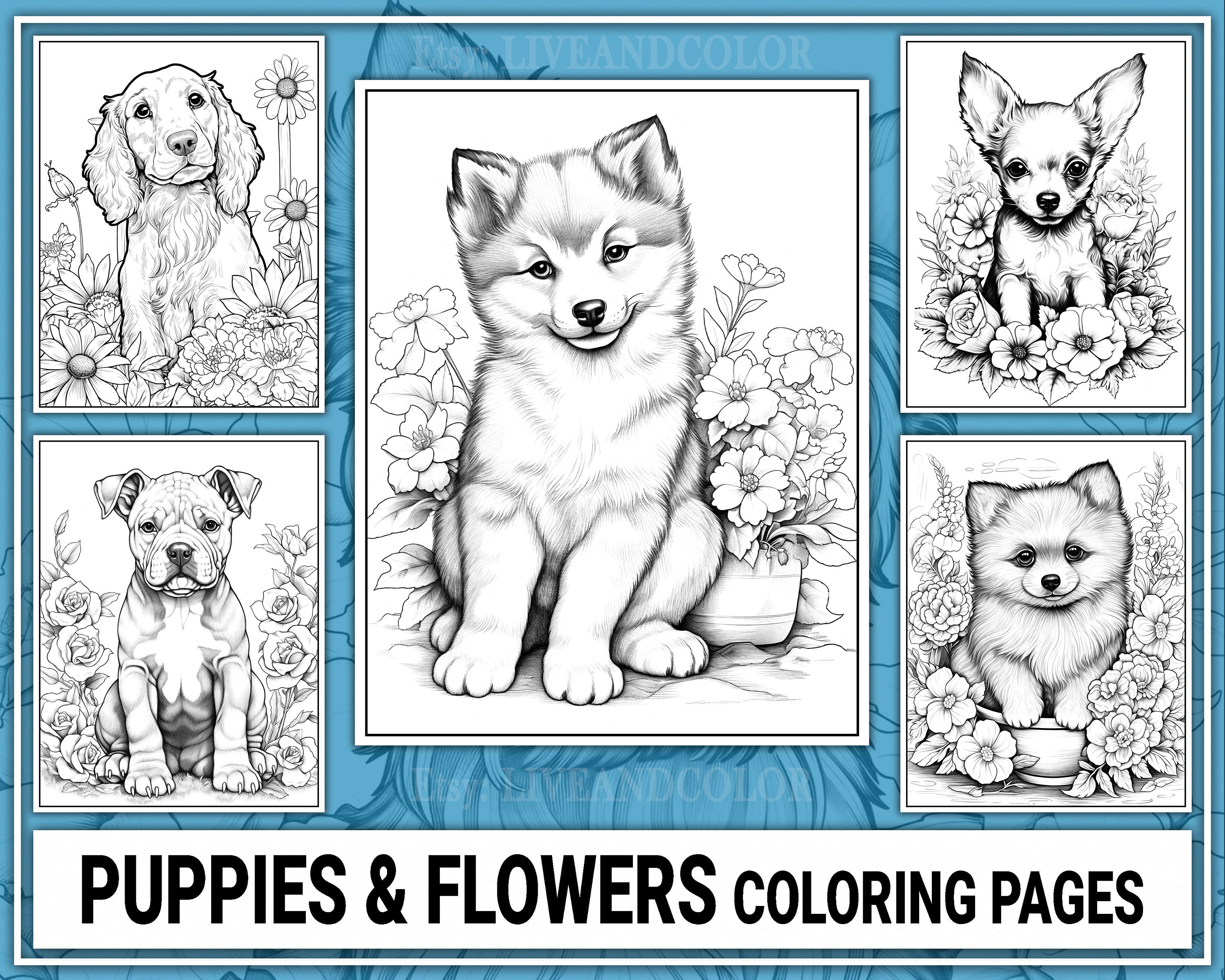 40 Cute Puppies & Flowers Coloring Book Vol.2 Coloring Pages for Kids ...