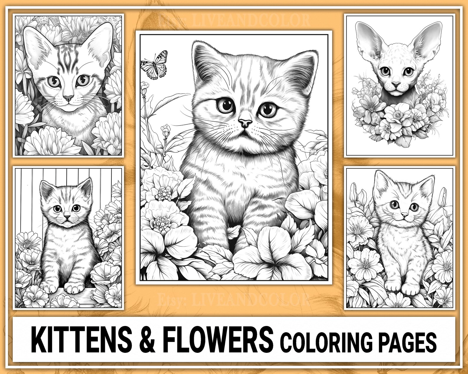 40 Cute Kittens & Flowers Coloring Book Vol.1 Coloring Pages - Etsy