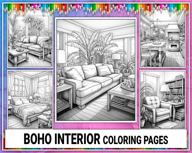 40 Boho Interior Design Coloring Pages. Cozy Room Interior Coloring ...