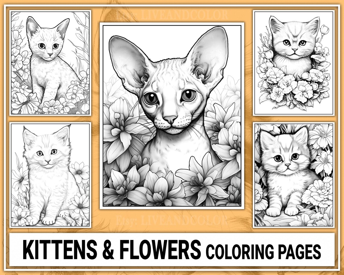 40 Cute Kittens & Flowers Coloring Book Vol.1 Coloring Pages - Etsy