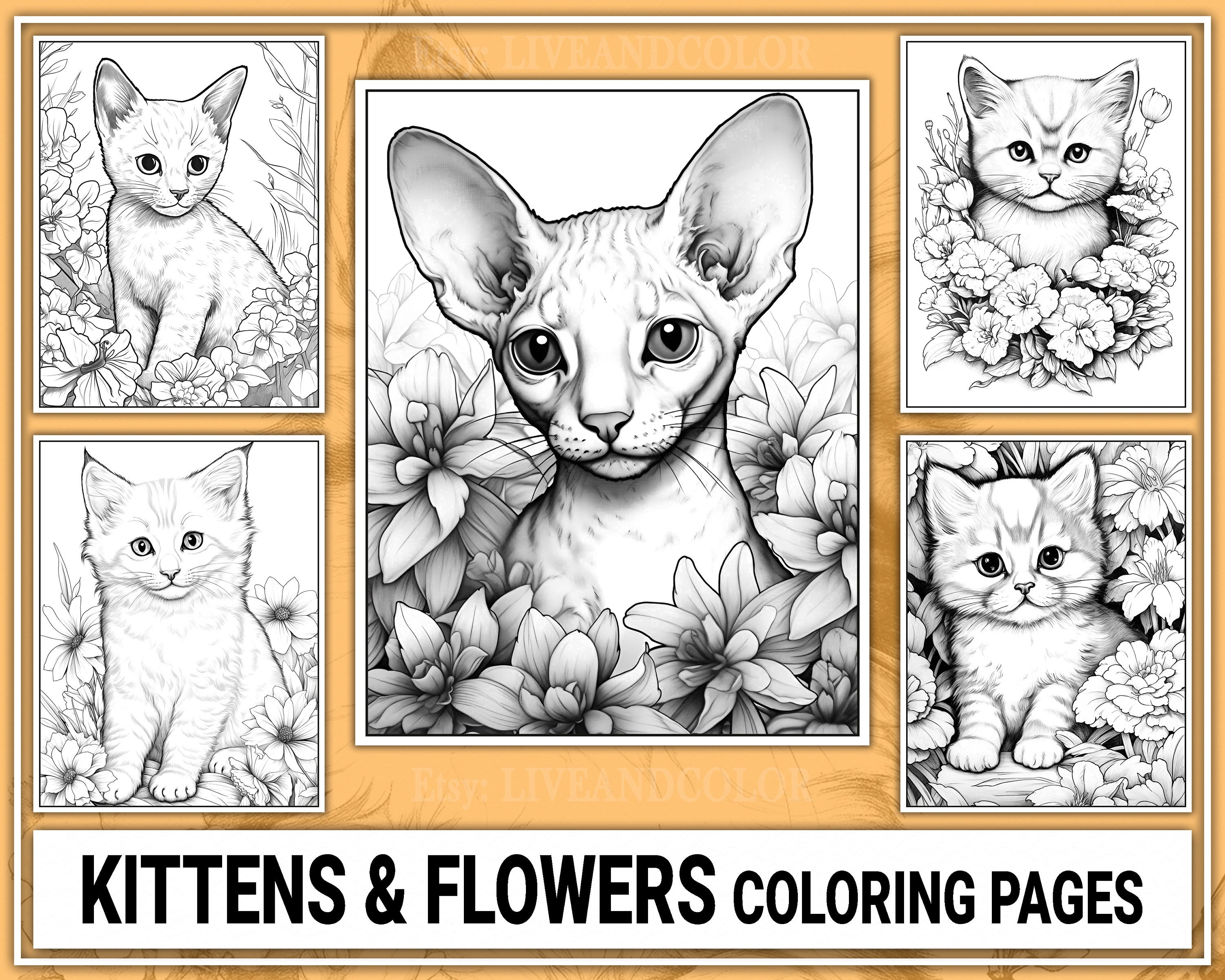 40 Cute Kittens & Flowers Coloring Book Vol.1 Coloring Pages - Etsy