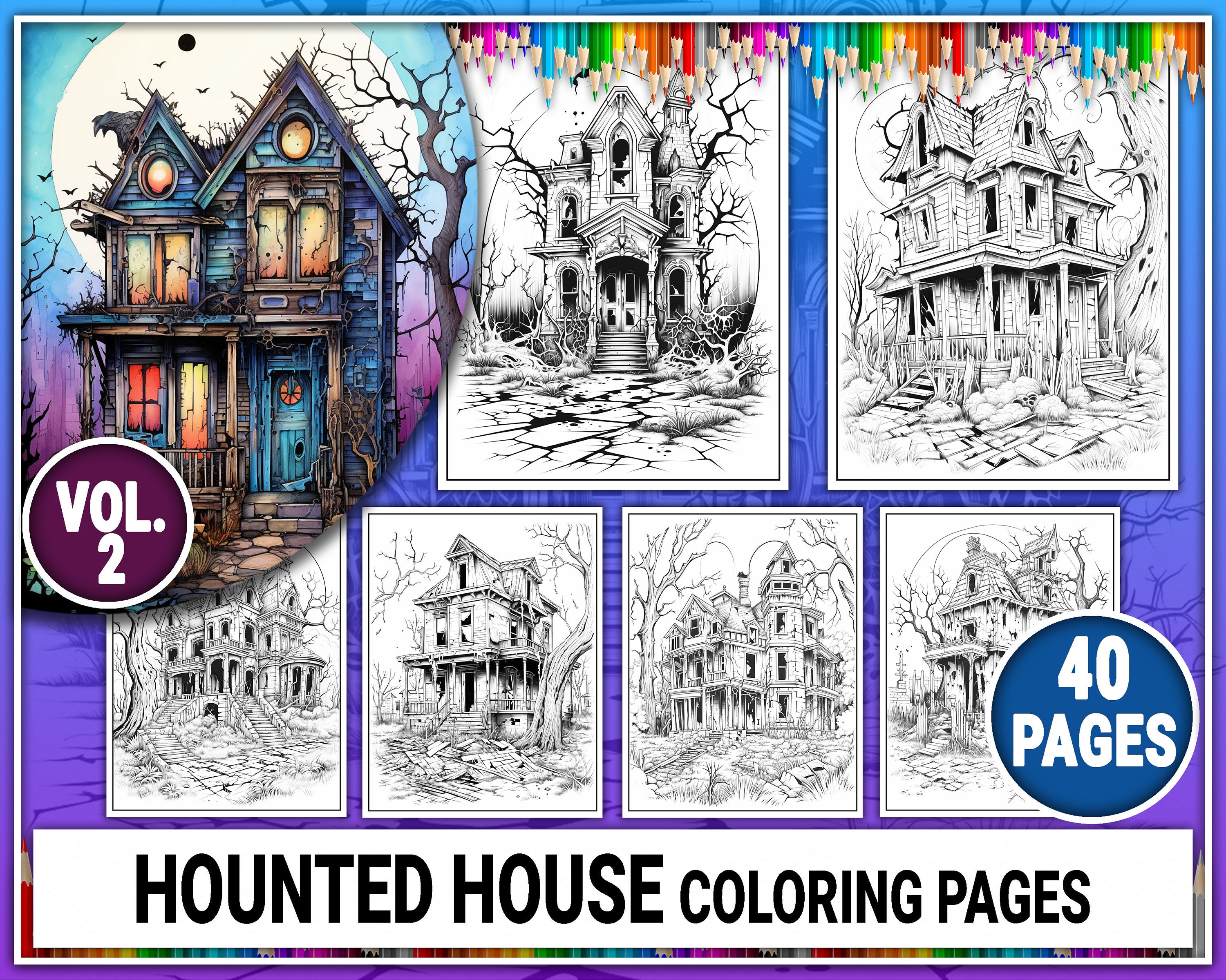 40 Haunted Houses Coloring Pages, Printable Spook House Coloring Book ...