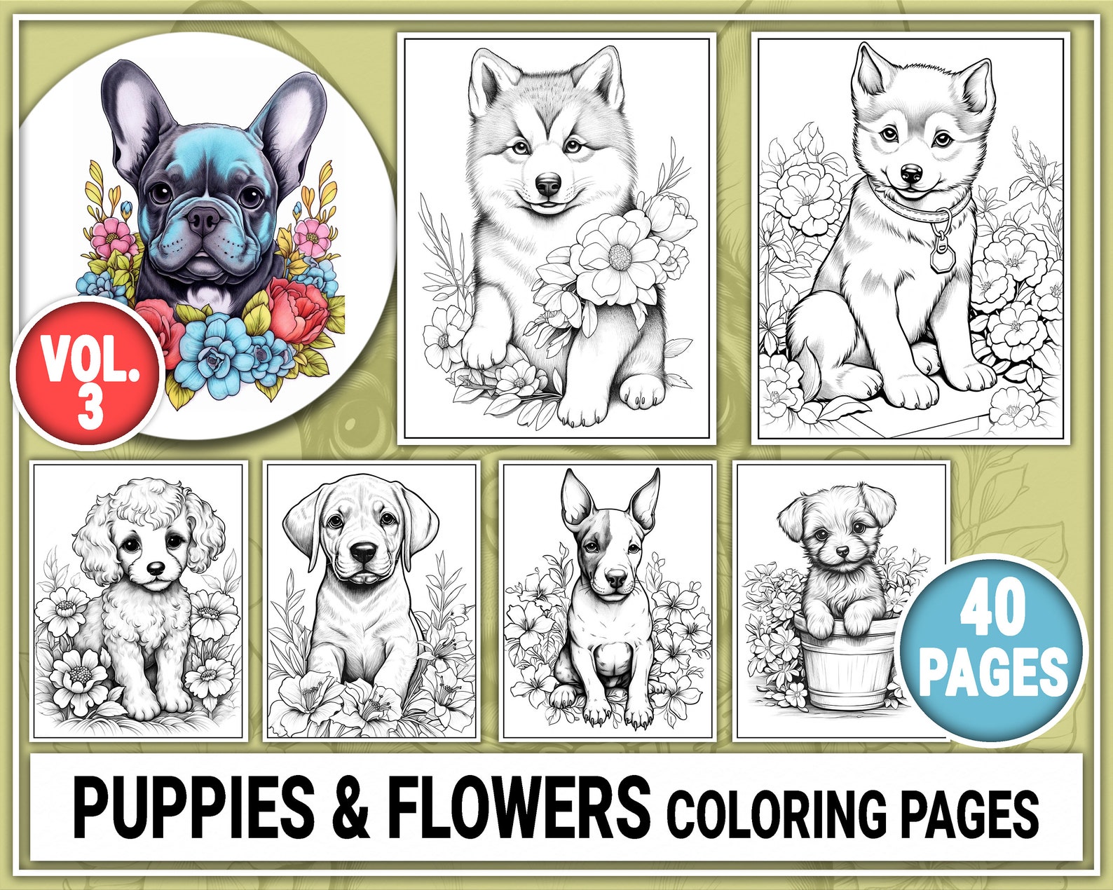 40 Cute Puppies & Flowers Coloring Book Vol.3 Coloring Pages for Kids ...