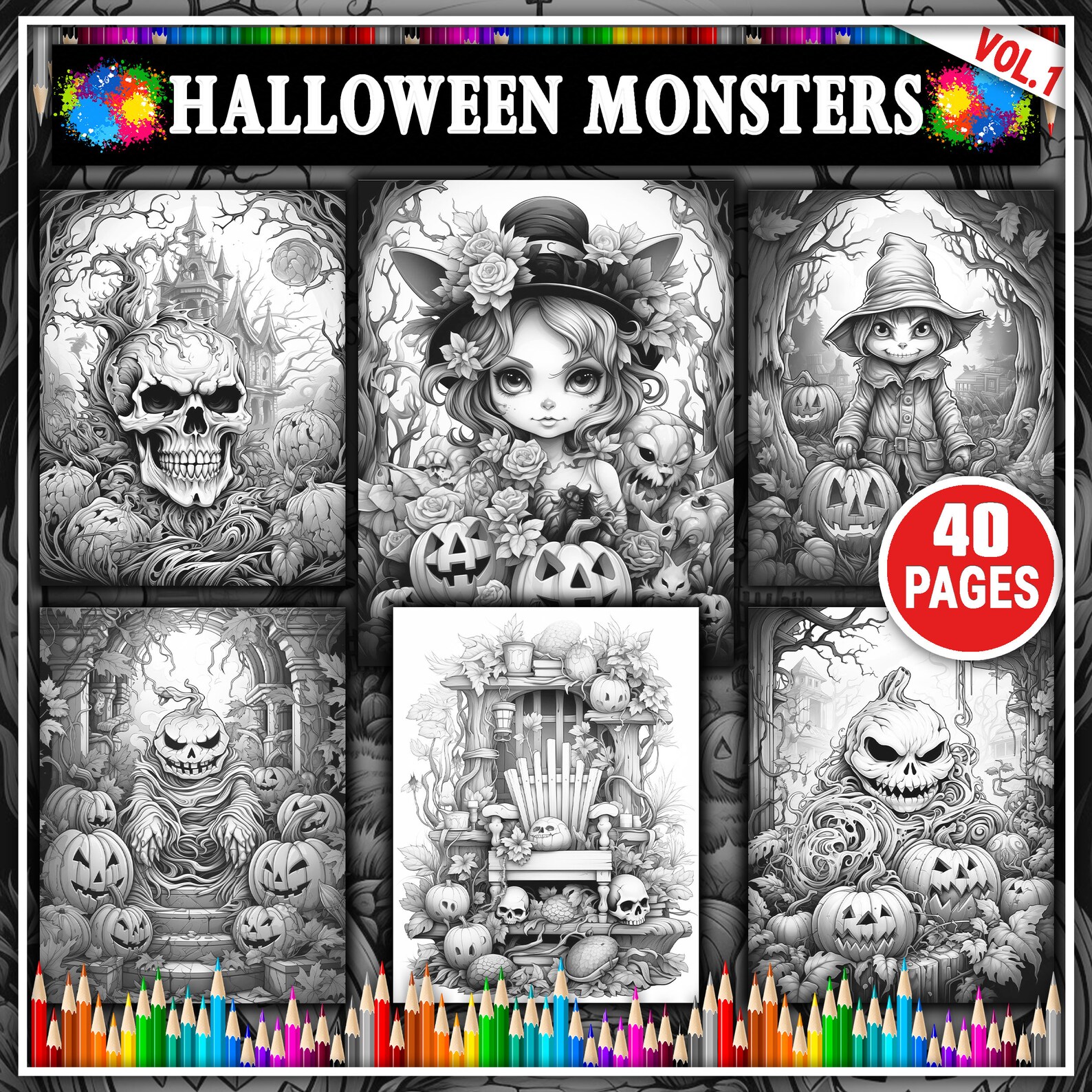 Halloween Monster Coloring Pages. Grayscale Halloween Coloring - Etsy