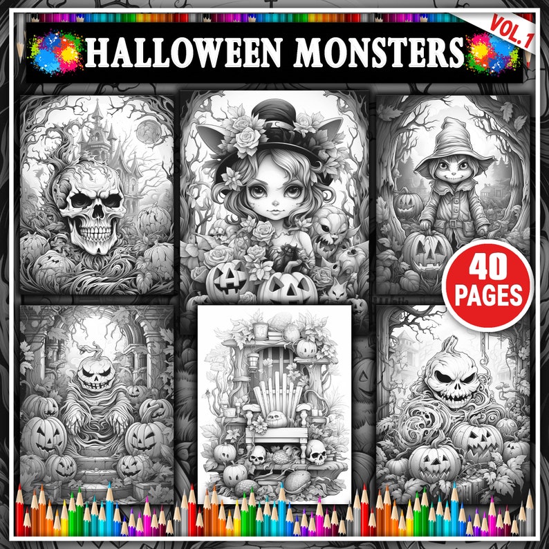 Halloween Monster Coloring Pages. Grayscale Halloween Coloring Sheets ...