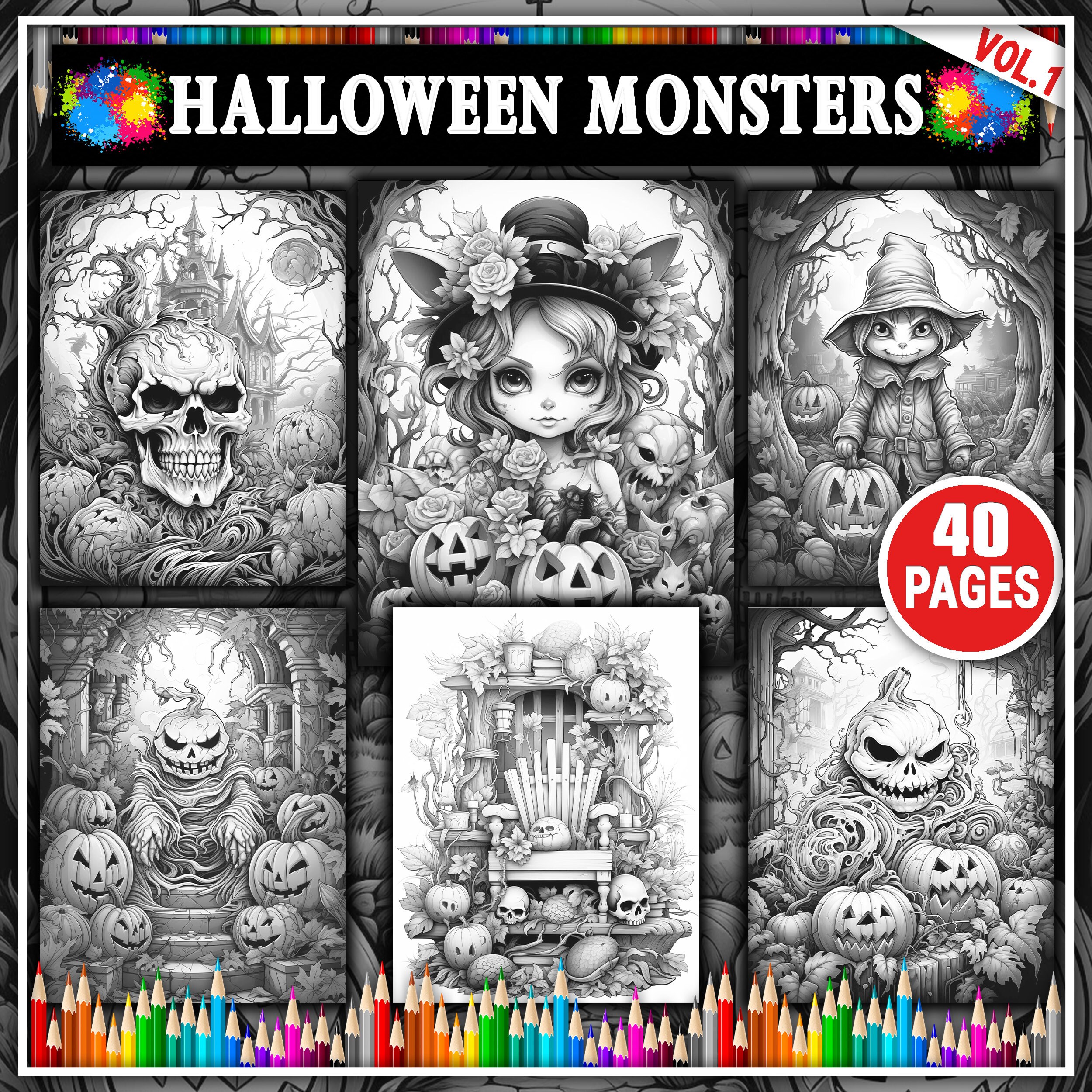 Halloween Monster Coloring Pages. Grayscale Halloween Coloring Sheets ...