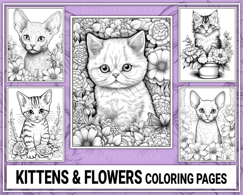 40 Cute Kittens & Flowers Coloring Book Vol.2 Coloring Pages for Kids ...