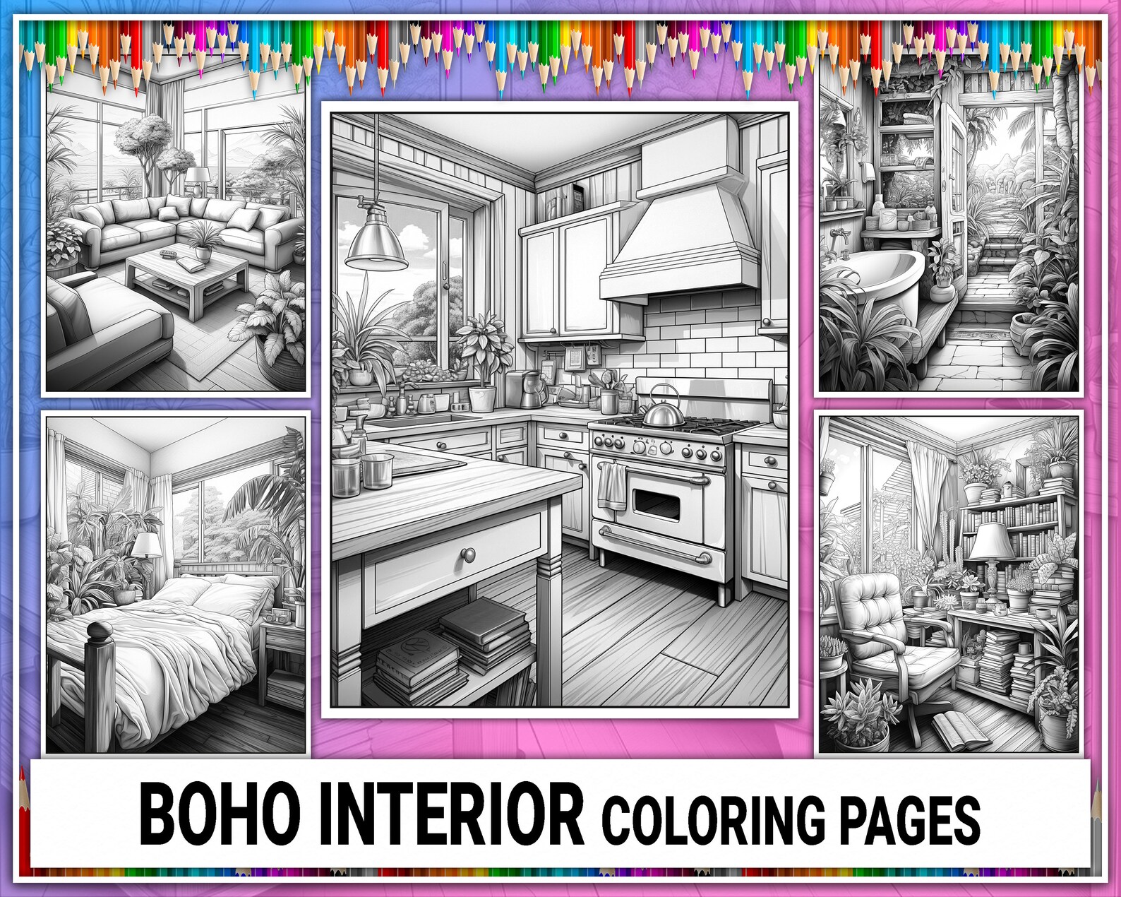 40 Boho Interior Design Coloring Pages. Cozy Room Interior Coloring ...