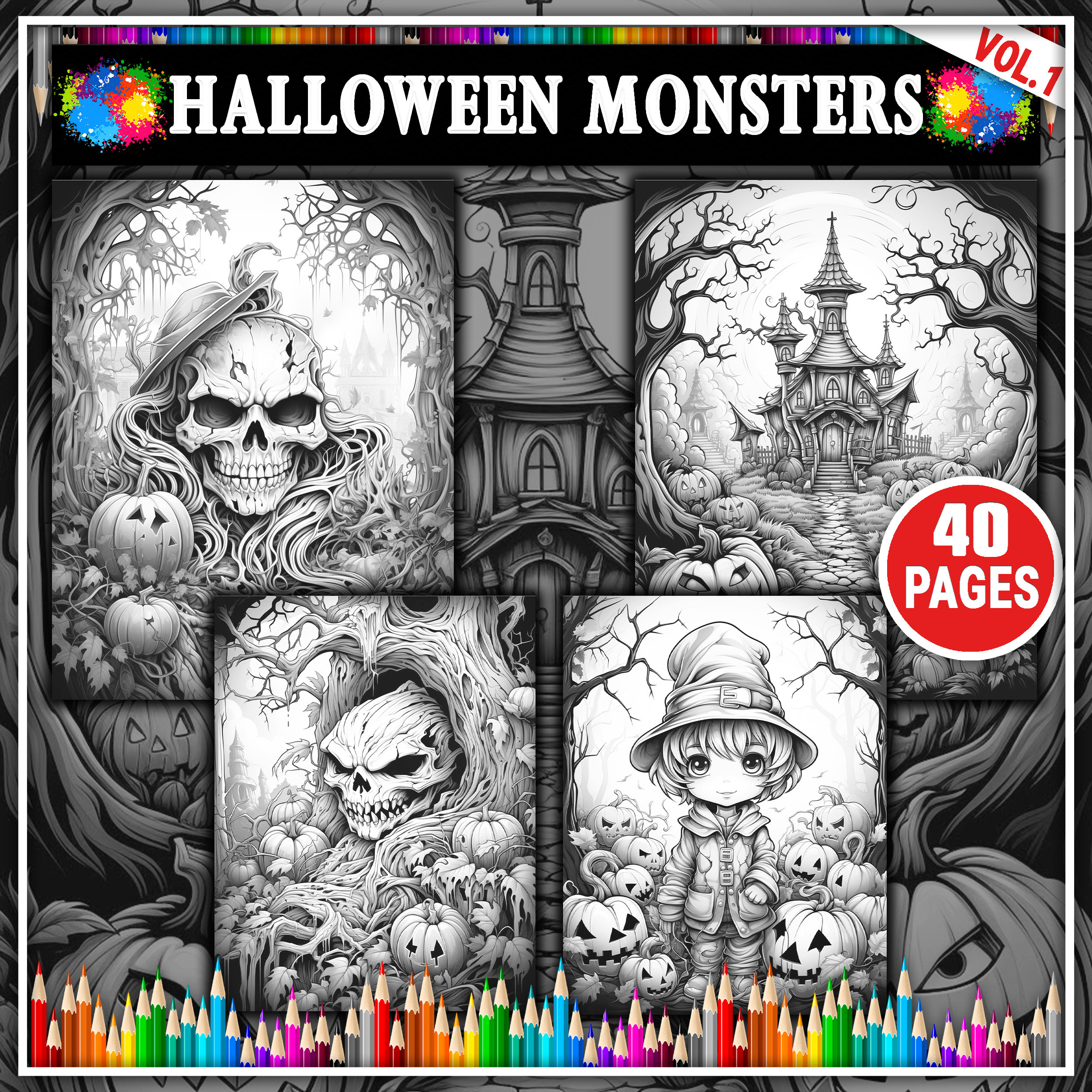 Halloween Monster Coloring Pages. Grayscale Halloween Coloring - Etsy