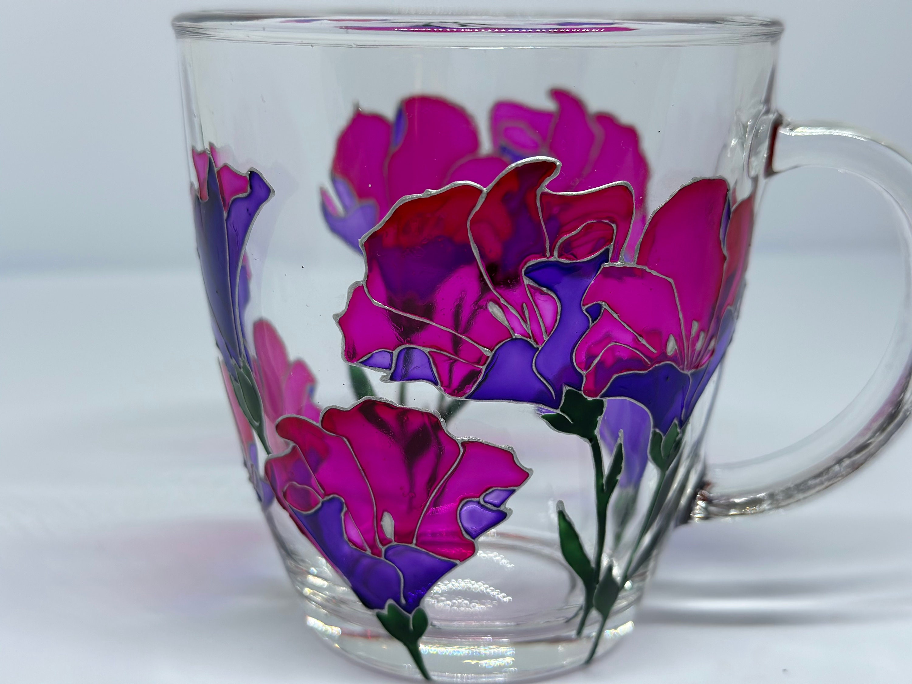 Handmade Hand Painted Floral Pink and Magenta, Glass Painted Coffee Cup ...