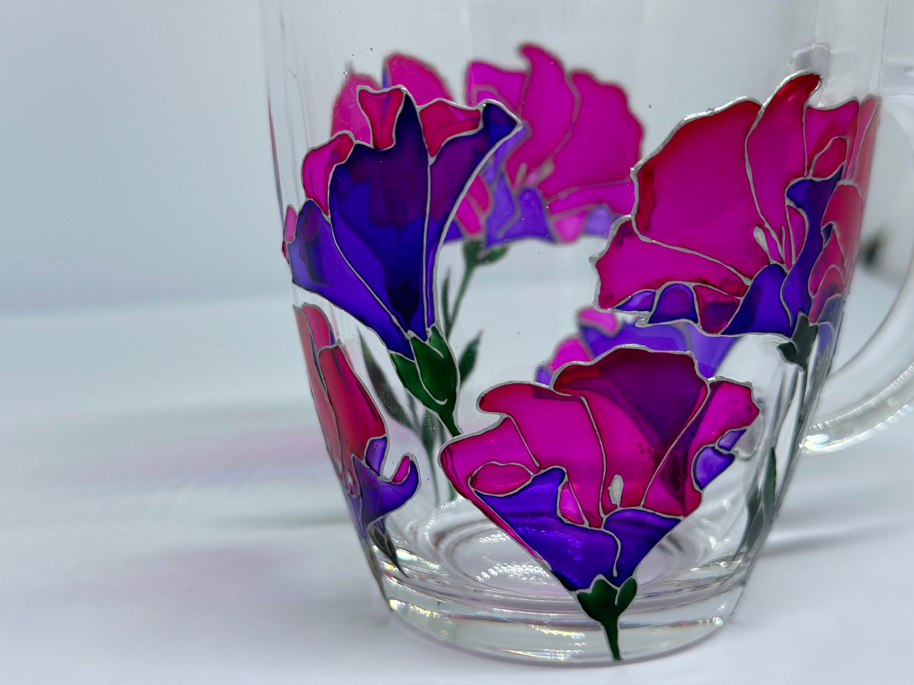 Handmade Hand Painted Floral Pink and Magenta, Glass Painted Coffee Cup ...