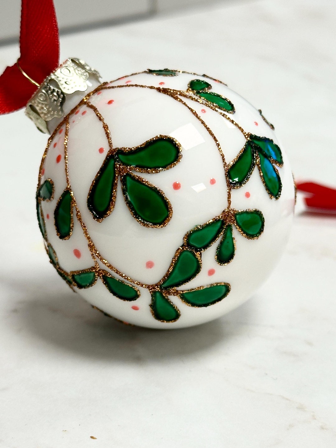 Hand-painted Mistletoe Glass Christmas Ornament: Green Bauble With Gold ...