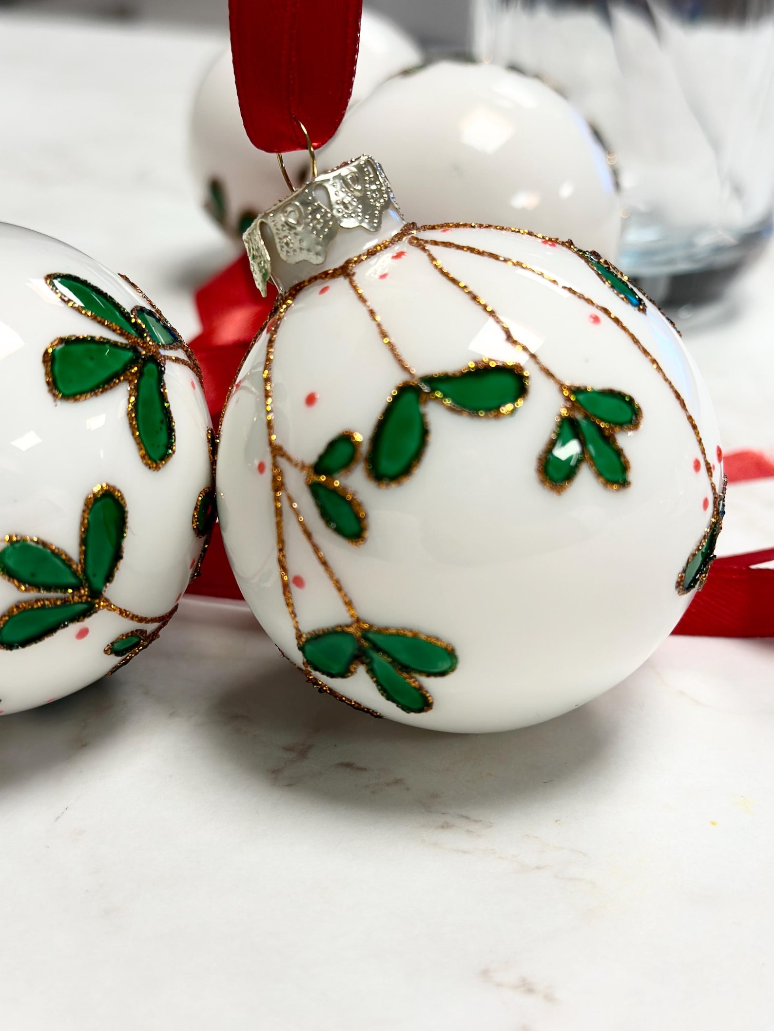 Hand-painted Mistletoe Glass Christmas Ornament: Green Bauble With Gold ...