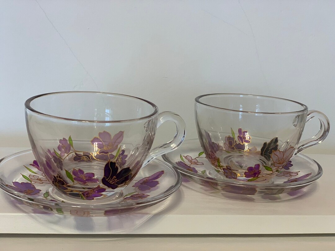 Set Handmade Painted Coffee Glasses 2 Pcs Personalised Floral Purple ...