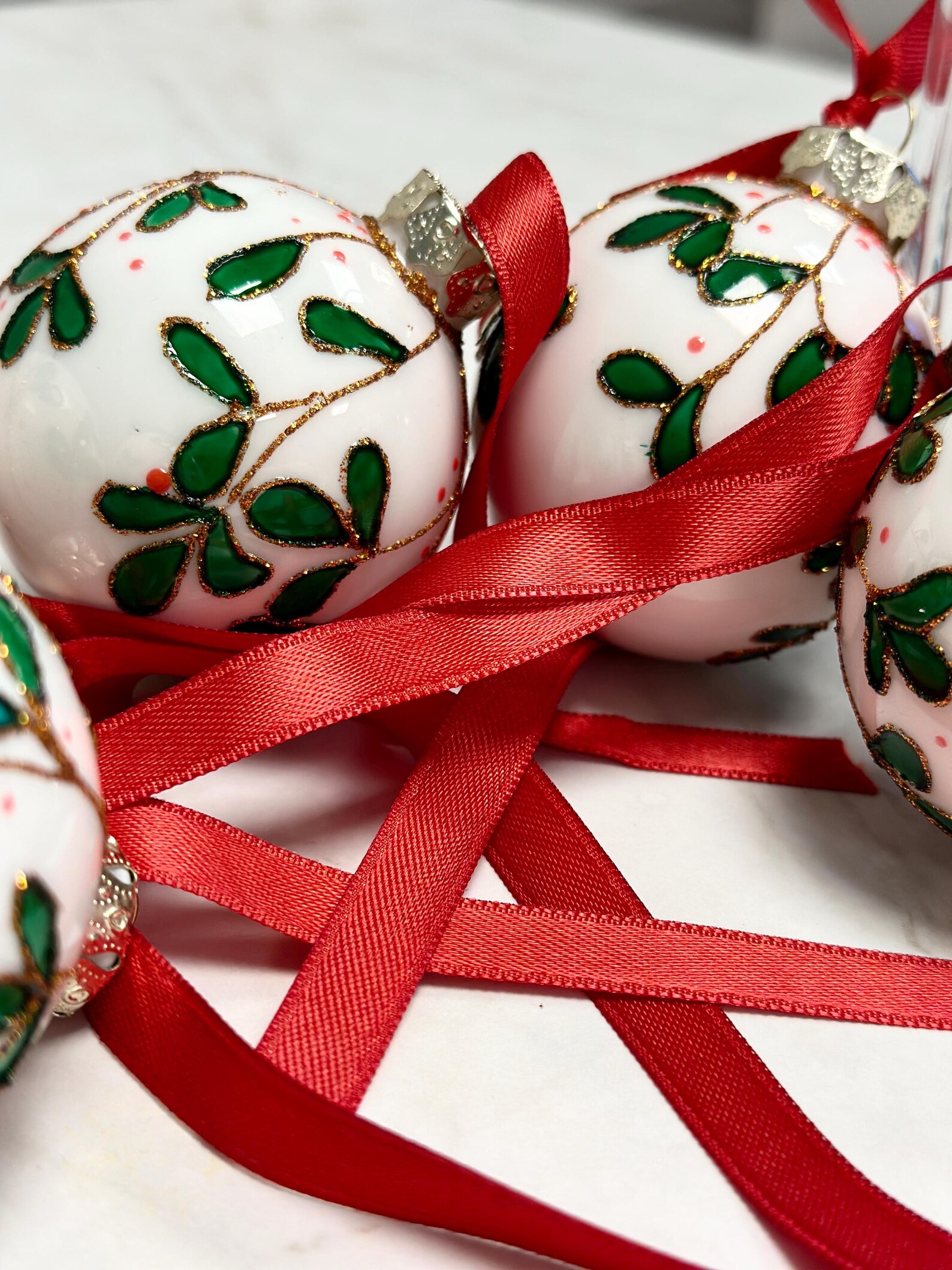 Hand-painted Mistletoe Glass Christmas Ornament: Green Bauble With Gold ...