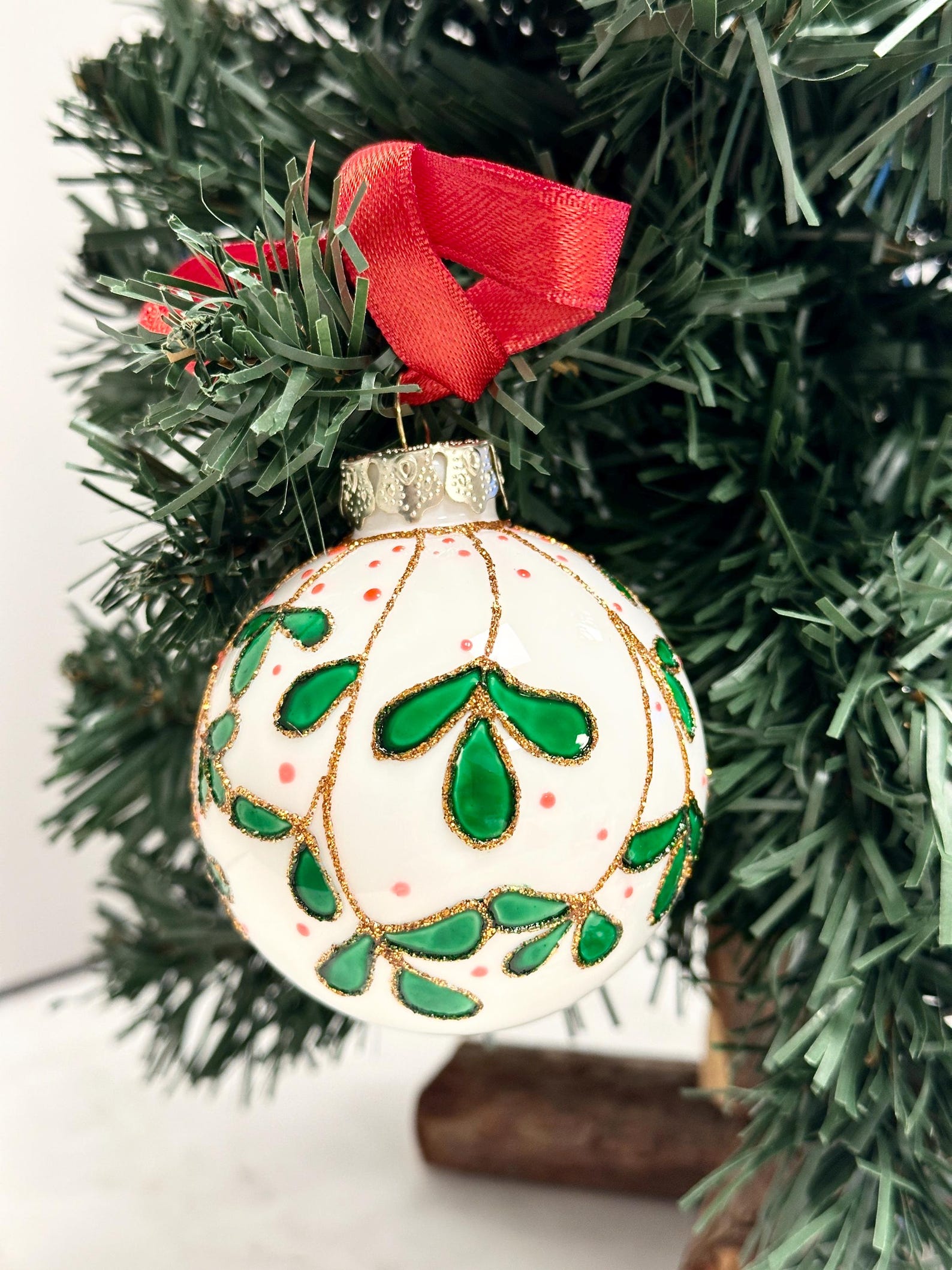 Hand-painted Mistletoe Glass Christmas Ornament: Green Bauble With Gold ...