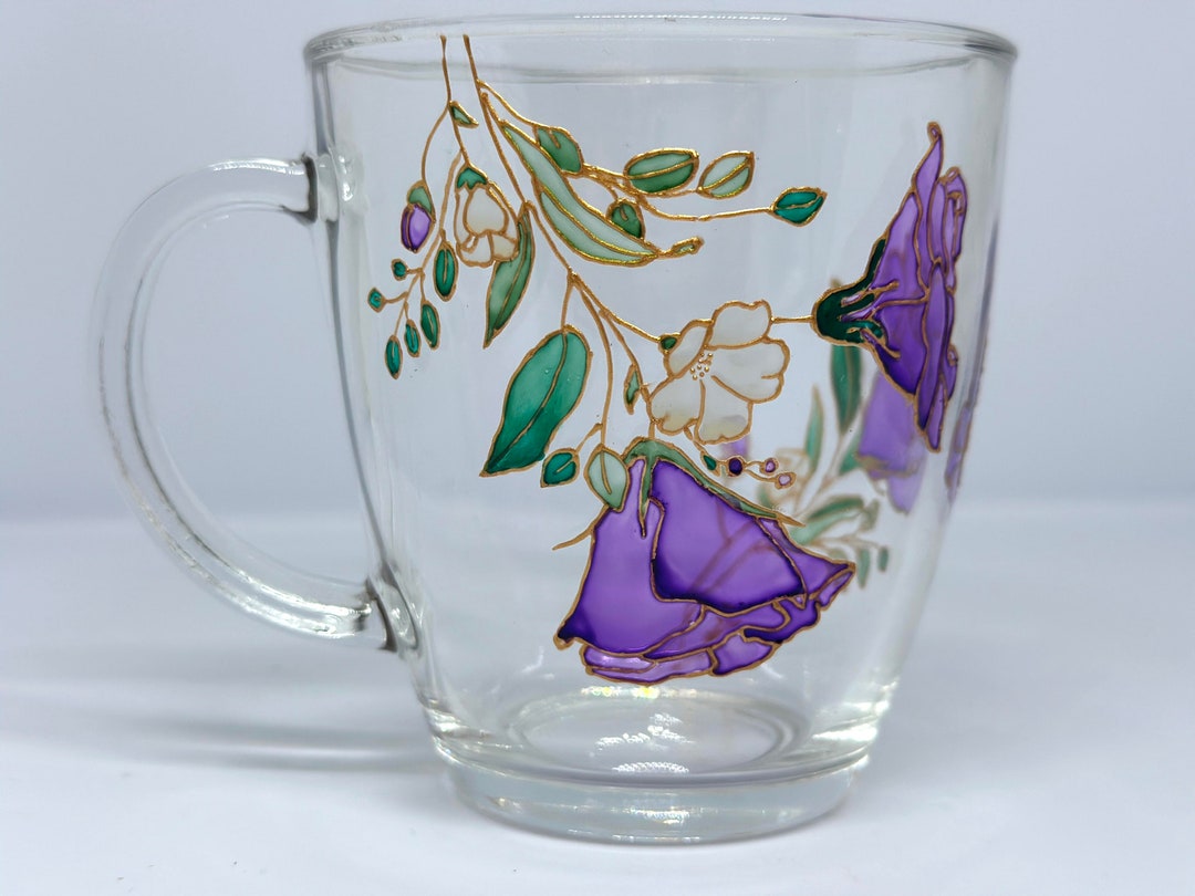 Hand Painted Glass Mug Glass Painted Cup Flower Lover Gift Purple Mug ...