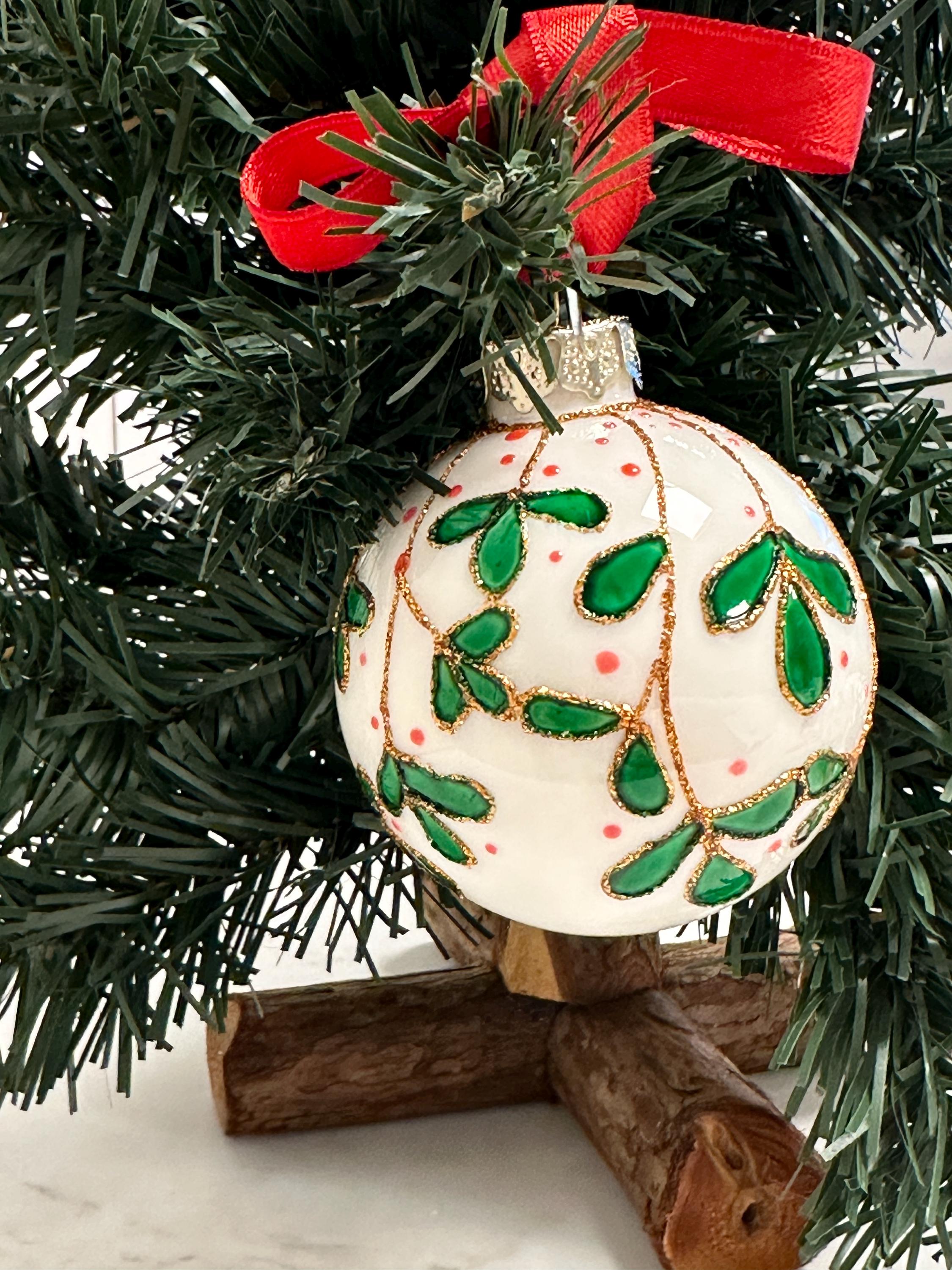 Hand-painted Mistletoe Glass Christmas Ornament: Green Bauble With Gold ...