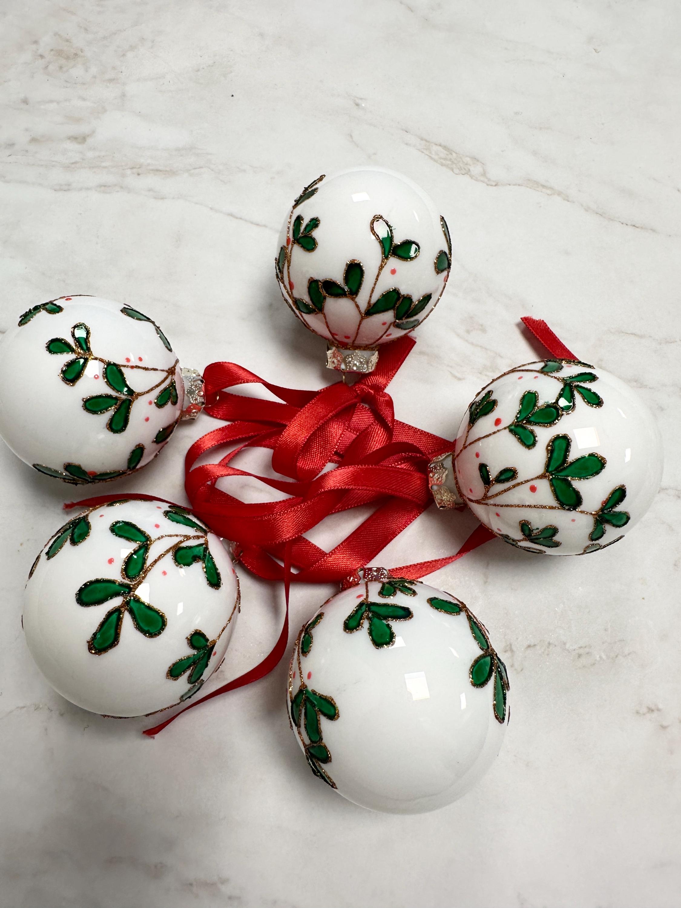 Hand-painted Mistletoe Glass Christmas Ornament: Green Bauble With Gold ...