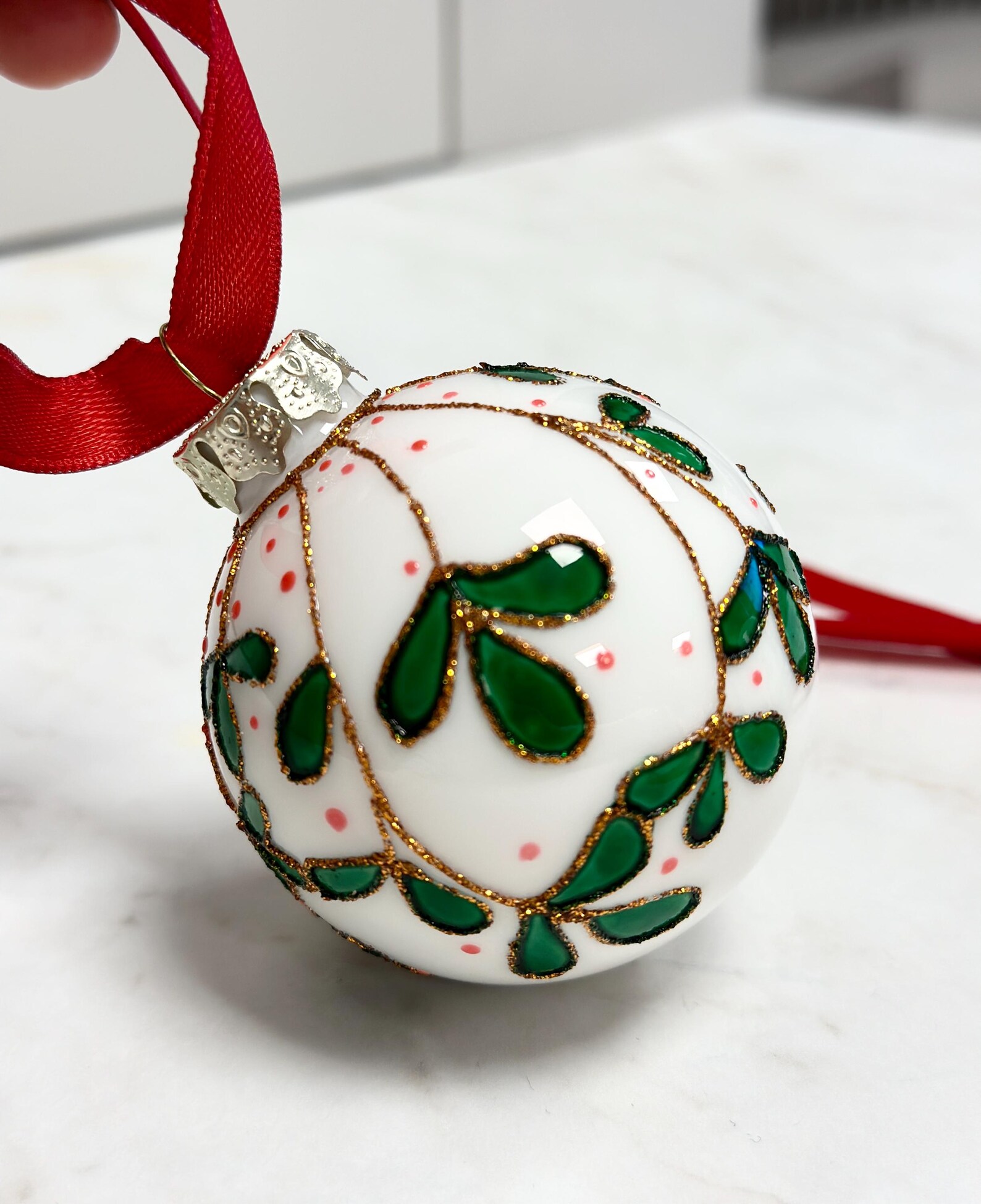 Hand-painted Mistletoe Glass Christmas Ornament: Green Bauble With Gold ...