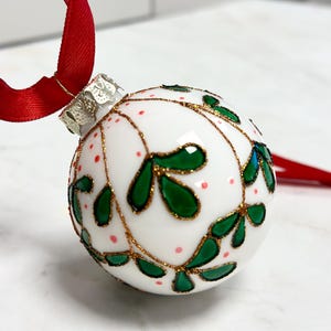 Hand-painted Mistletoe Glass Christmas Ornament: Green Bauble With Gold ...