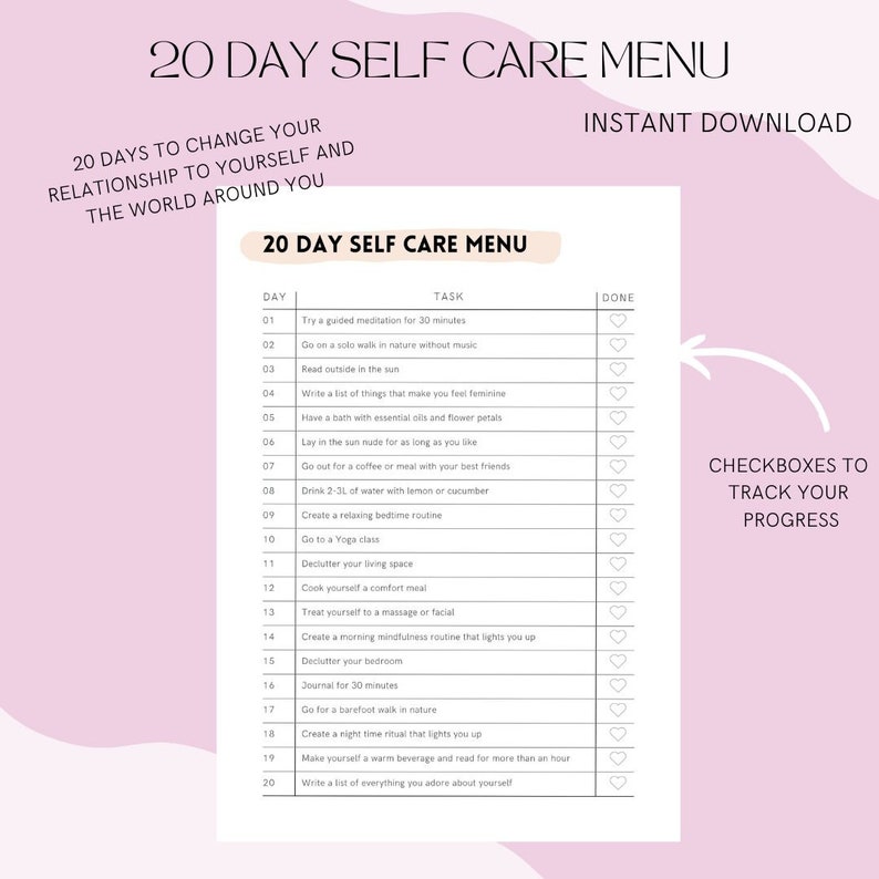 20 Day Self Care Menu Checklist (PDF & JPEG) - Etsy