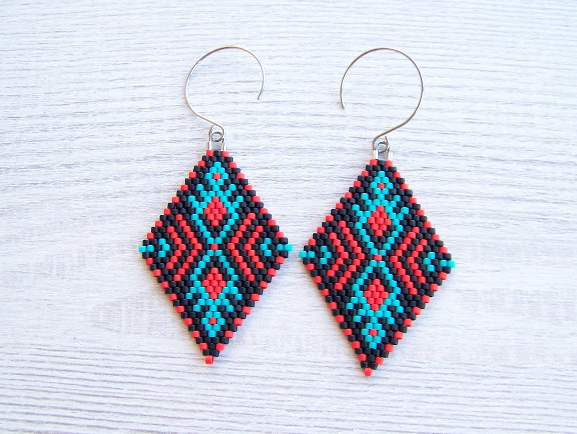 Tribal Brick Stitch Earrings PDF Pattern, Ethnic Rhombus Miyuki Delica ...