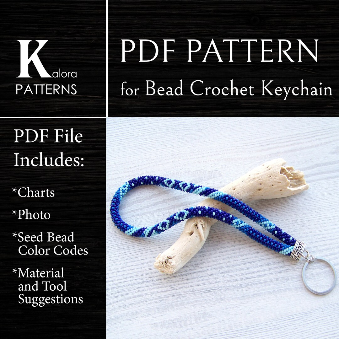 PDF Bead Crochet Key Holder Pattern, Blue Patchwork Wristlet Key Fob ...