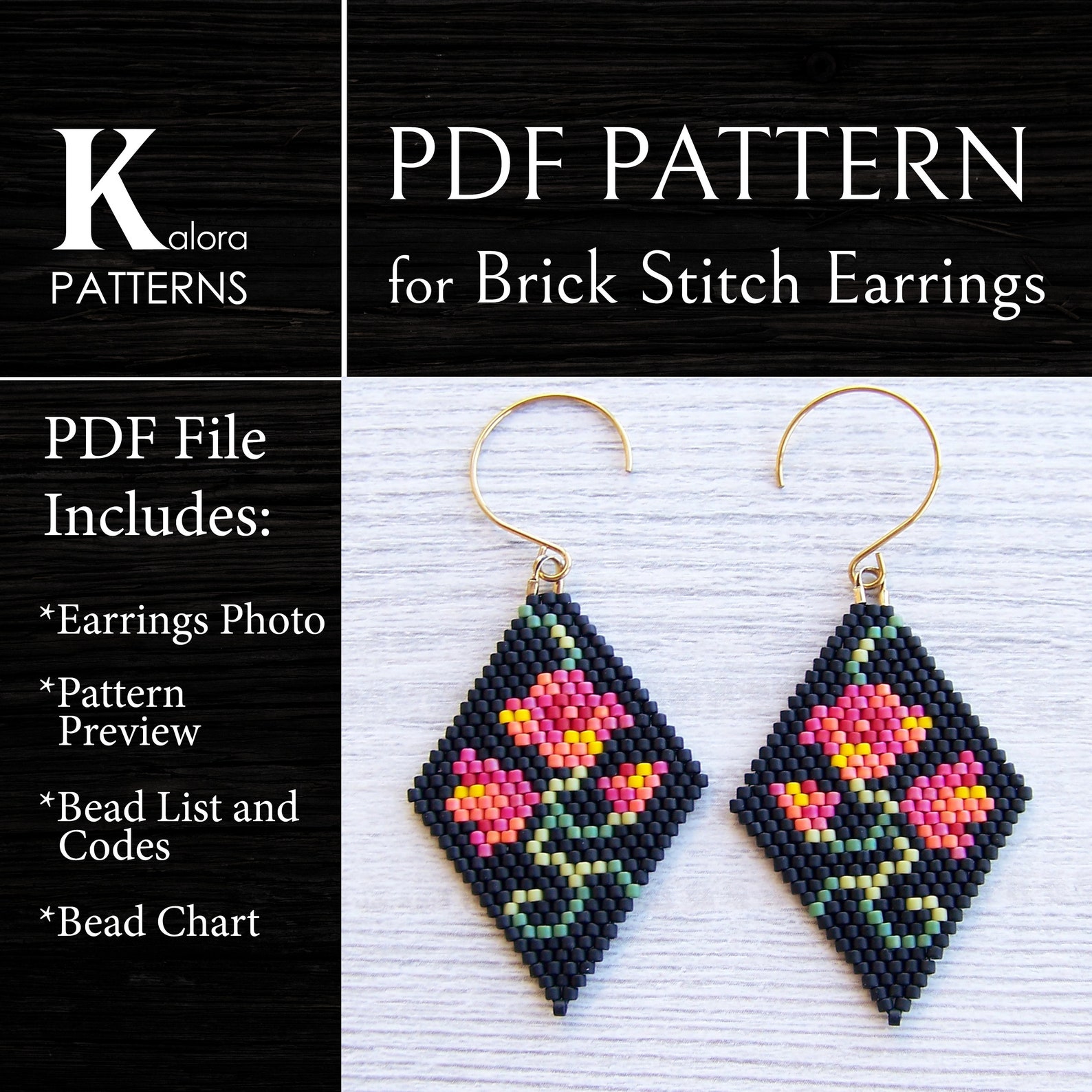 Red Flowers Brick Stitch Earrings PDF Pattern, Floral Rhombus Earrings ...