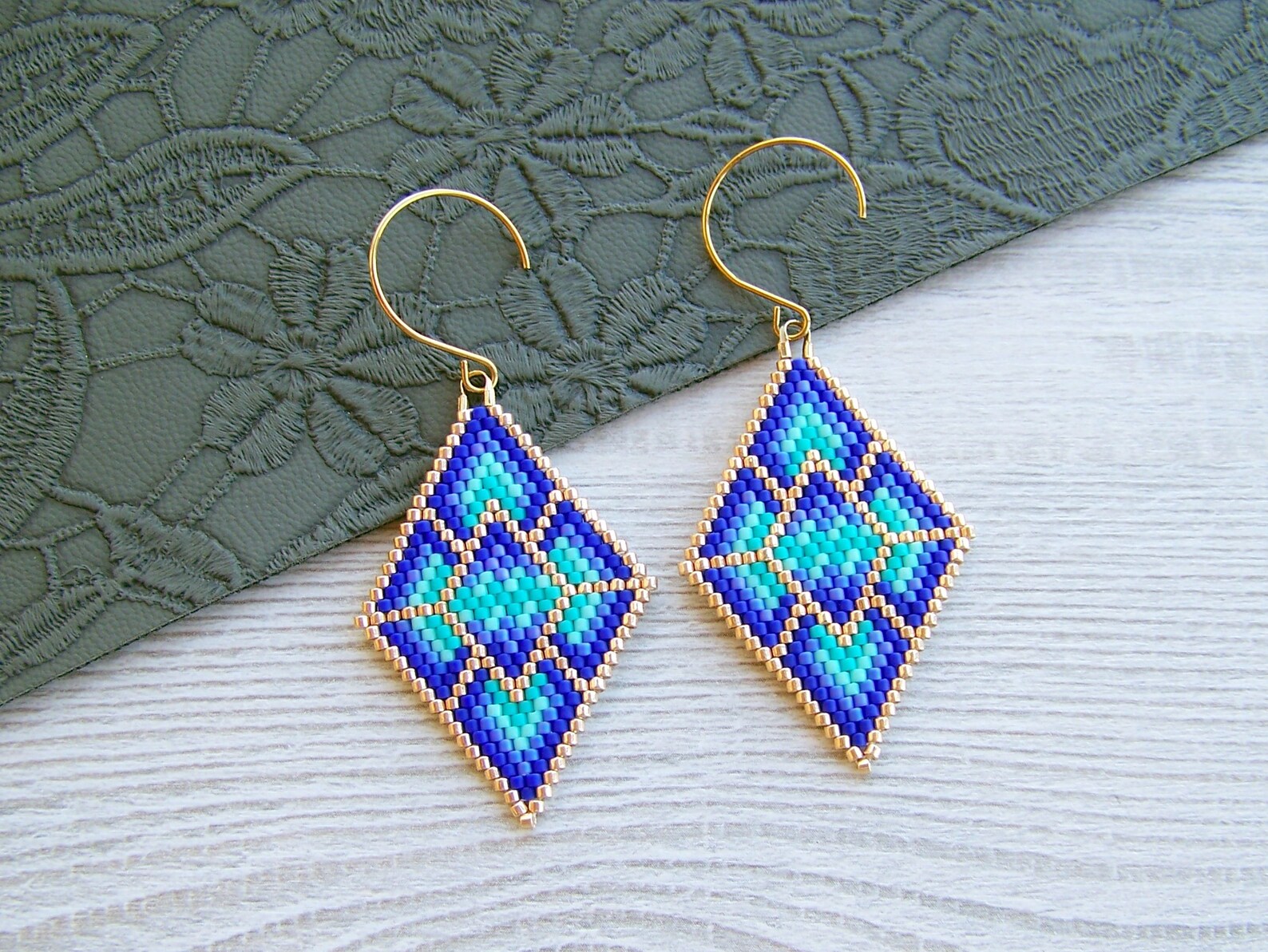 Geometric Brick Stitch Earrings PDF Pattern, Blue Gradient Boho ...