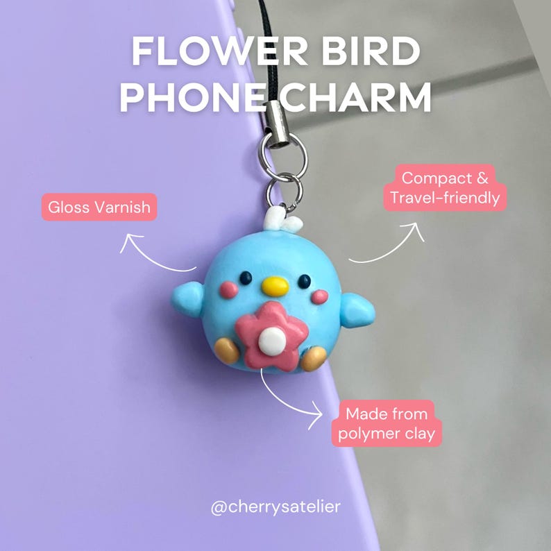 Blue Bird Phone Charm, Cute Polymer Clay Friend With Pink Flower, Small ...