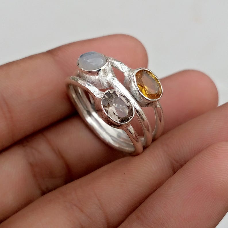 Moonstone & Yellow Citrine, Smoky Quartz, 3 Gemstone Rings, 925 ...