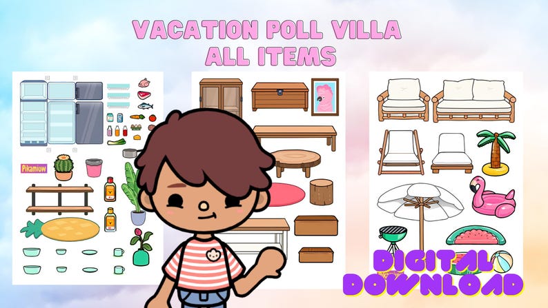 Toca Boca Paper Vacation Pool Villa all Items/ Quiet Book Pages ...