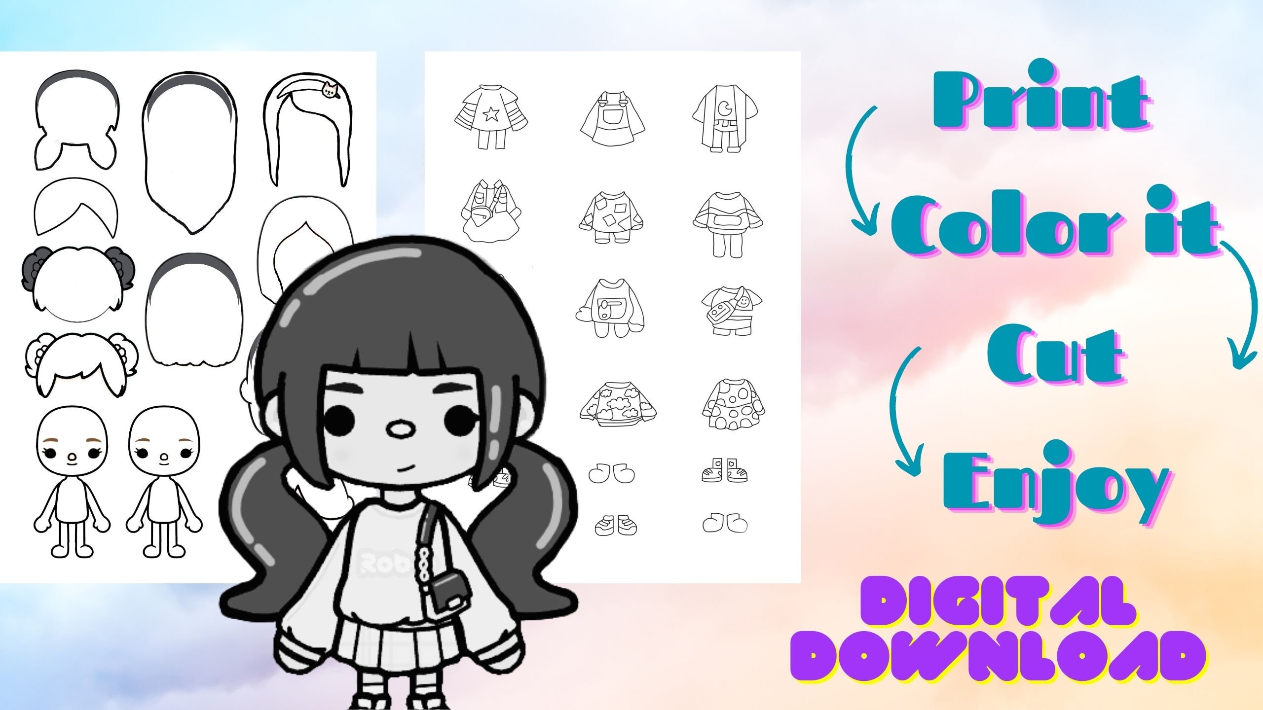 Uncolored Toca Boca Paper Doll With Clothes and Shoes / Quiet Book ...