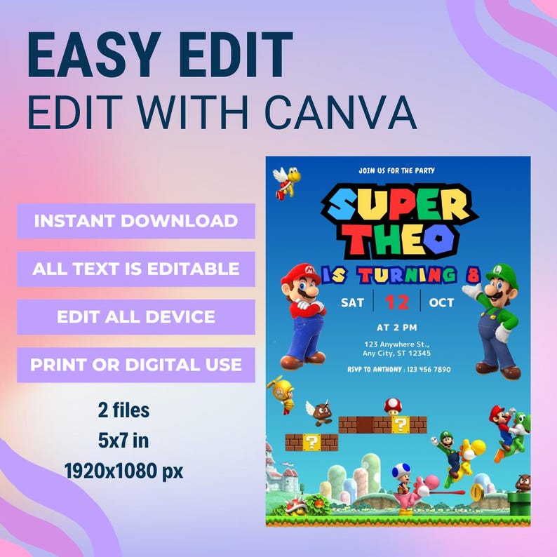 Super Mario Birthday Invitation, Mario Bros Invitation, Kid Invite ...