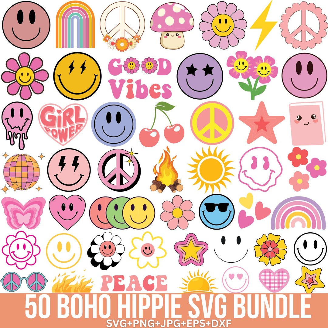 Boho Hippie Svg Bundle, Groovy Svg, Retro Flower Svg, Retro Svg, Happy ...