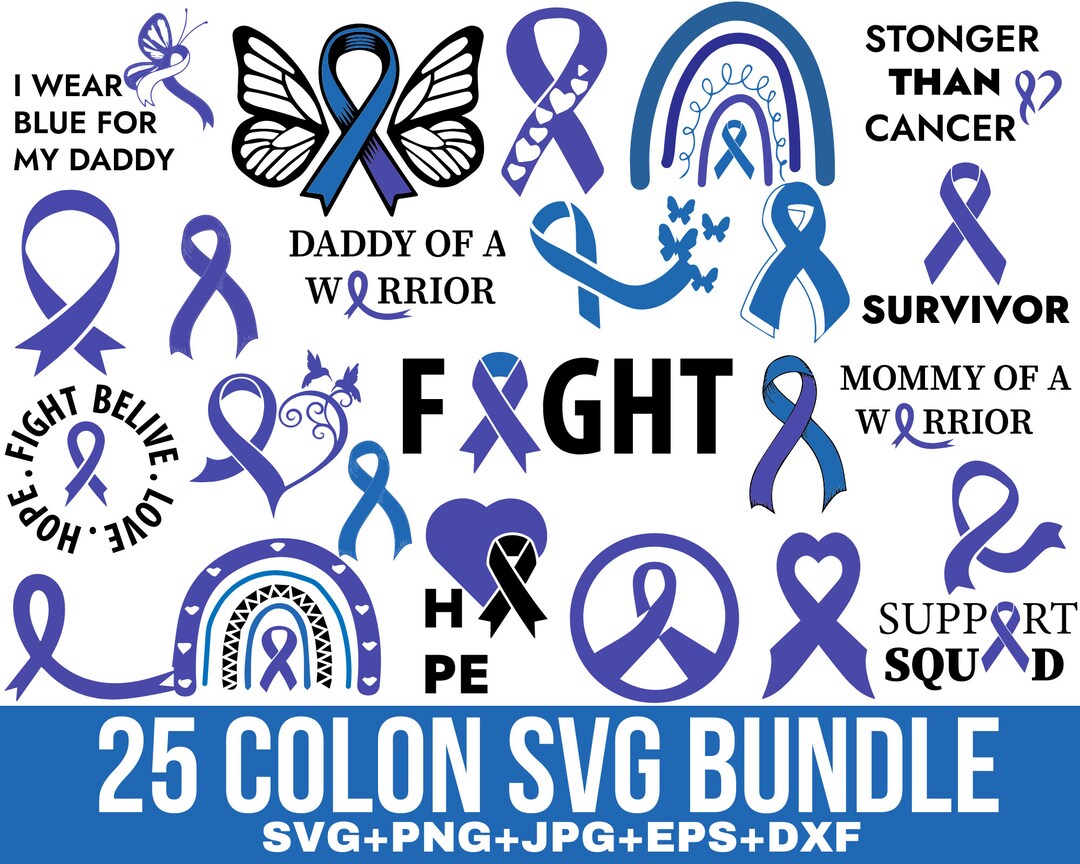 Colon Cancer Svg Png Bundle, Cancer Ribbon Svg, Blue Ribbon Svg, Cancer ...