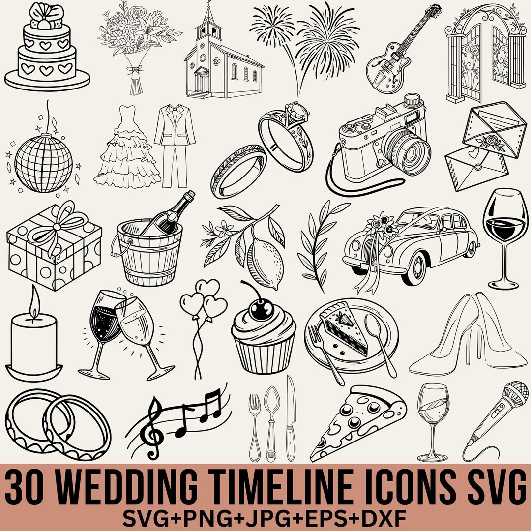 Hand Drawn Wedding Timeline Icons Svg Bundle, Wedding Rings Svg, Bridal ...