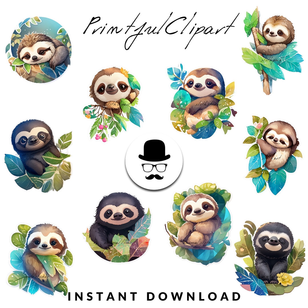 Sloth Watercolor Clipart Tiny Sloth in Watercolor Digital - Etsy