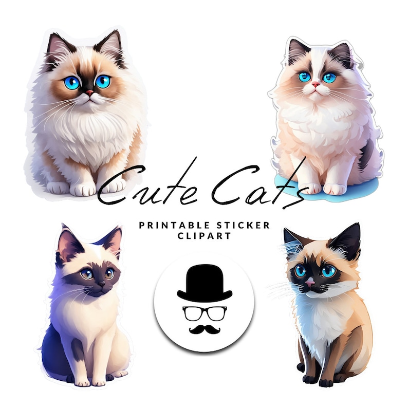 Cute Cat Sticker Pack, Printable Digital Clipart, Commercial Use, PNG ...