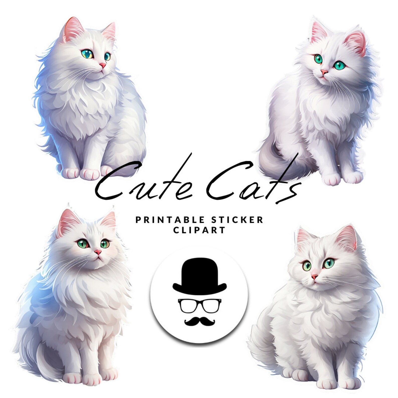 Cute Cat Sticker Pack, Printable Digital Clipart, Commercial Use, PNG ...