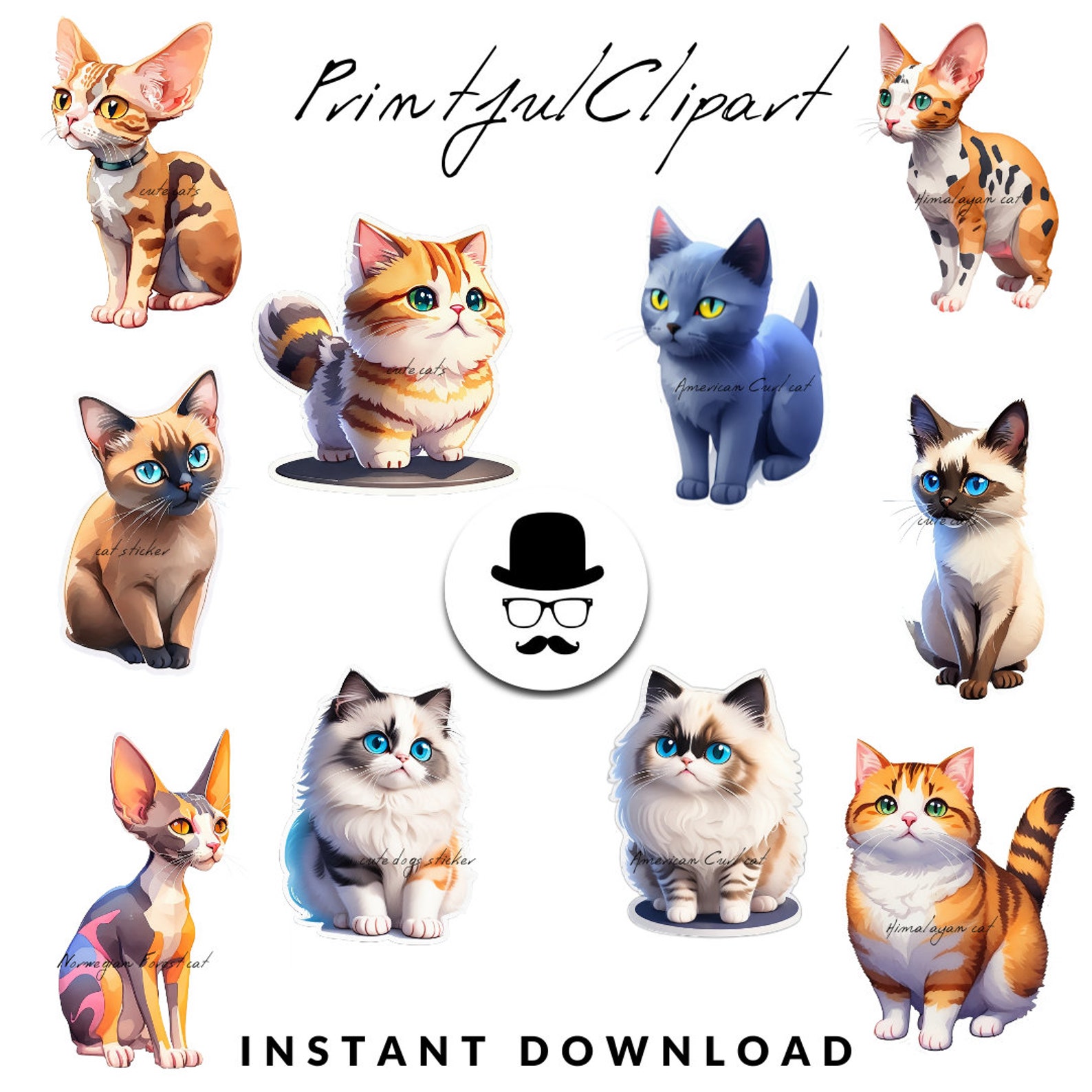 Cute Cat Sticker Pack 10 Printable Digital Clipart - Etsy
