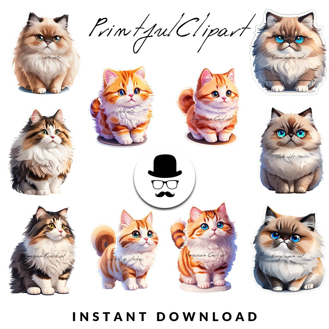Cute Cat Sticker Pack Printable Digital Clipart Commercial - Etsy