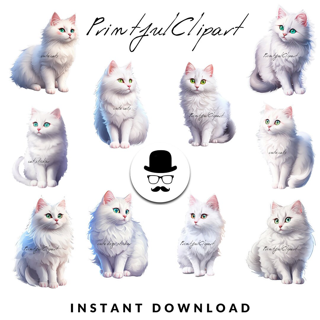Cute Cat Sticker Pack, Printable Digital Clipart, Commercial Use, PNG ...