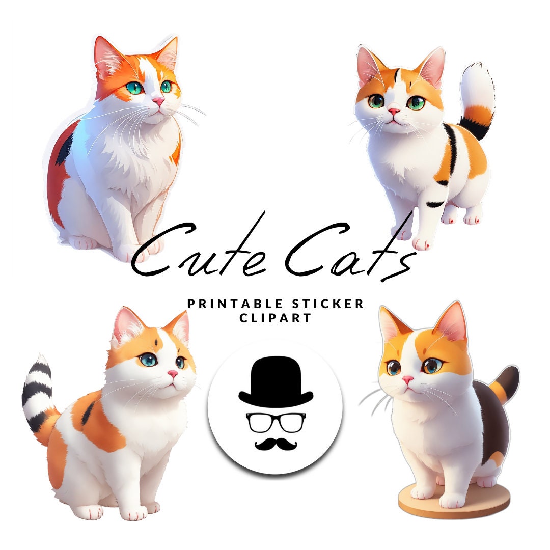 Cute Cat Clipart Pack, Printable Digital Clipart, Commercial Use, PNG ...