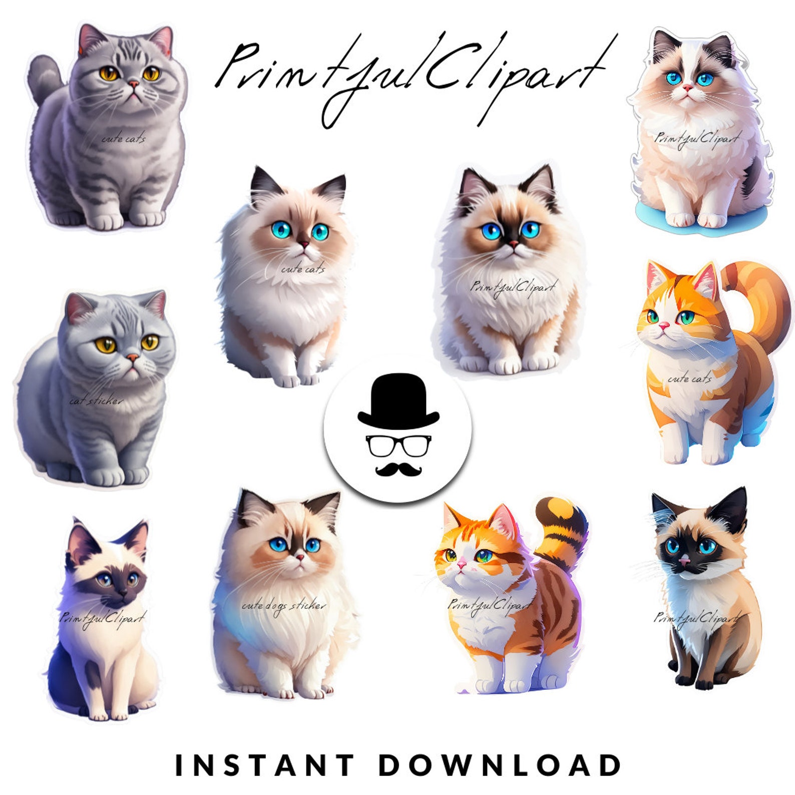 Cute Cat Sticker Pack, Printable Digital Clipart, Commercial Use, PNG ...